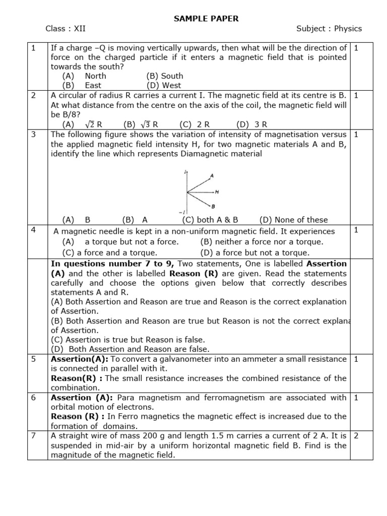 Sample Paper - XII Physics | PDF | Magnetic Field | Magnetism