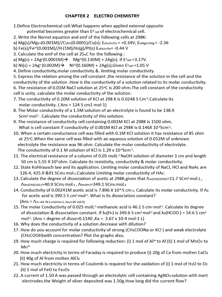 Assignment Electro Chemistry 2024-25 | PDF | Electrode | Electrochemistry
