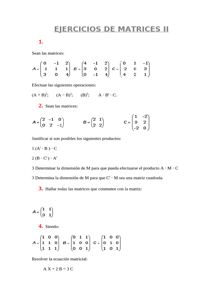Ejercicios de Matrices II | PDF | Matriz (Matemáticas) | Álgebra