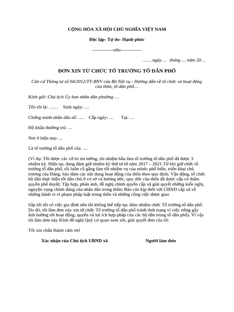 Mau Don Xin Tu Chuc To Truong To Dan Pho 1 | PDF