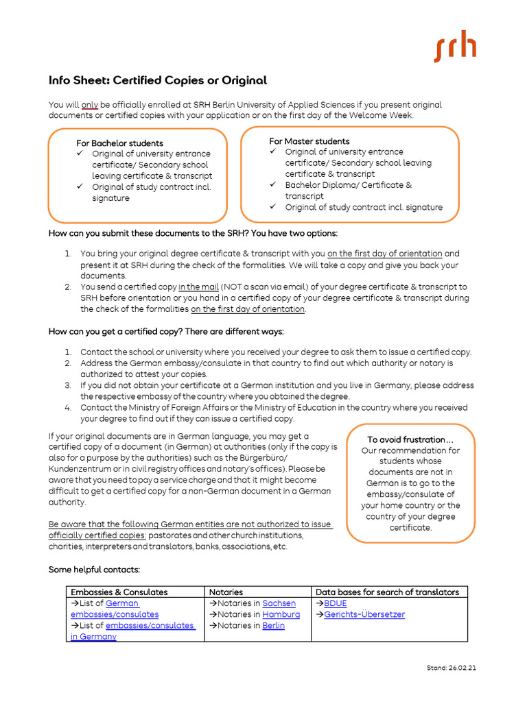 Info Sheet - Certified Copies or Original | PDF | Academic Degree ...