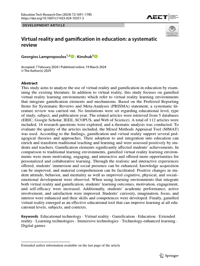 VR & Gamification in Education | PDF | Learning | Systematic Review