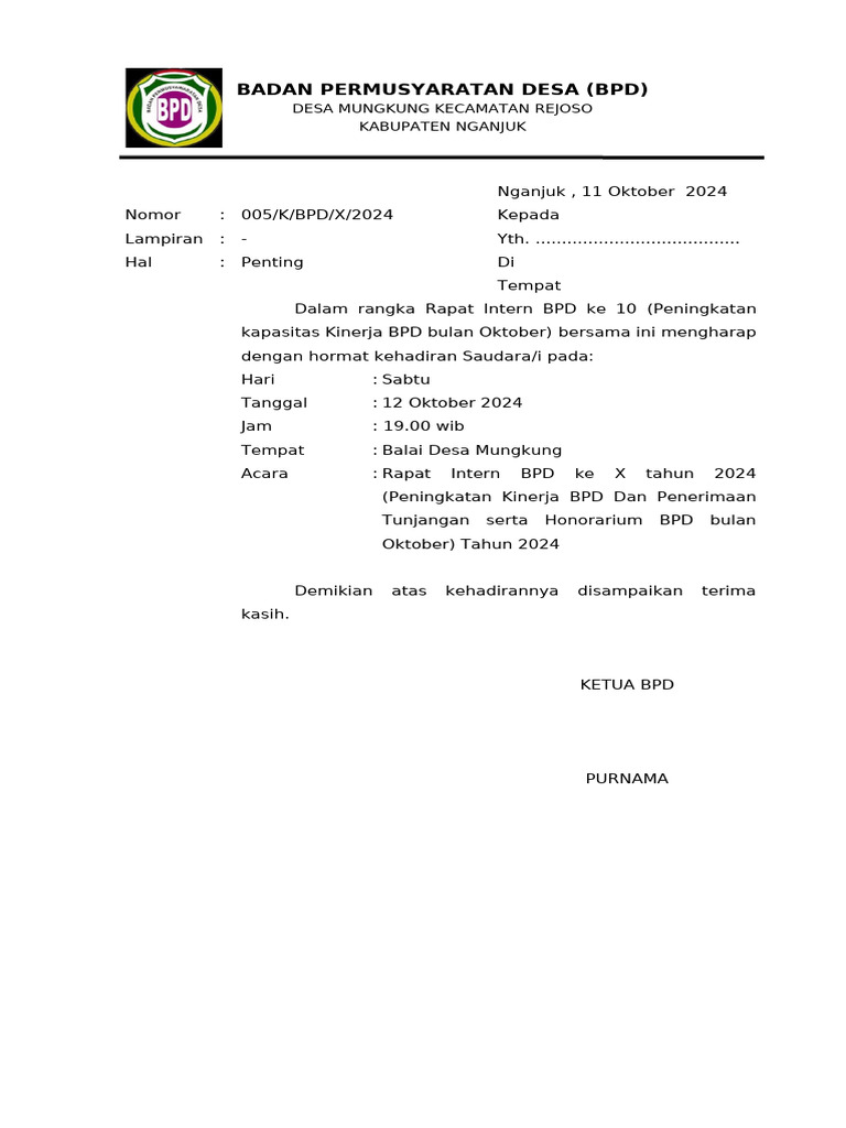 Undangan Rapat Intern X | PDF