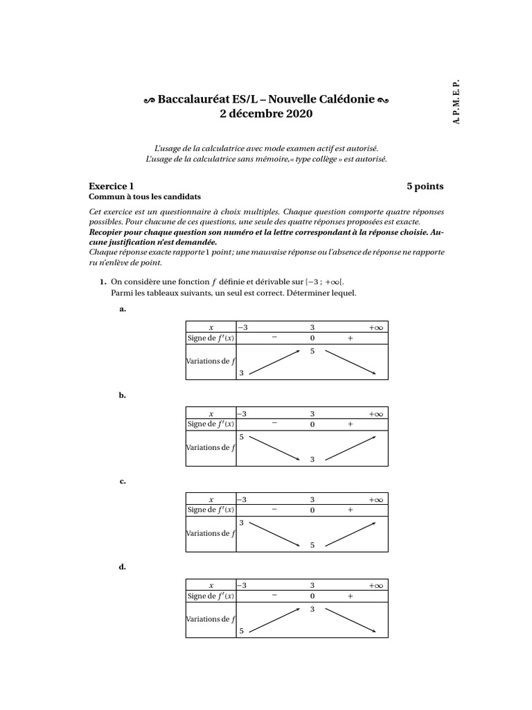 Examen Baccalauréat ES/L 2020 - Mathématiques | PDF | Fonction ...