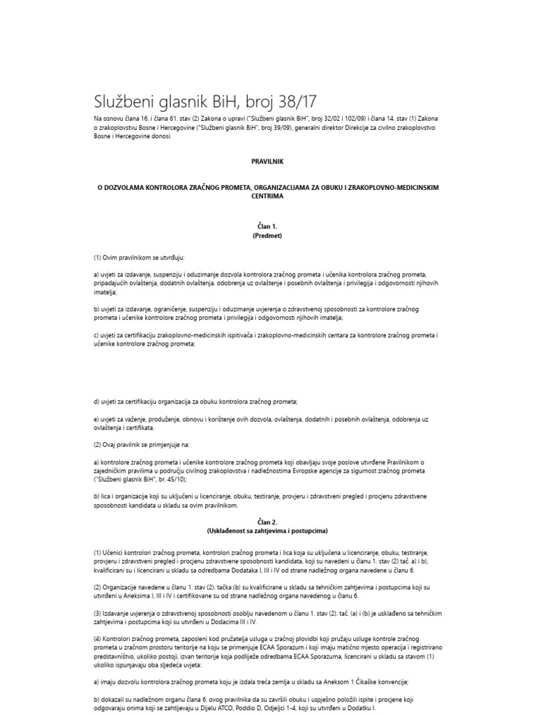 Pravilnik o Dozvolama Kontrolora Zračnog Prometa, Organizacijama Za Obuku I Zrakoplovno ...