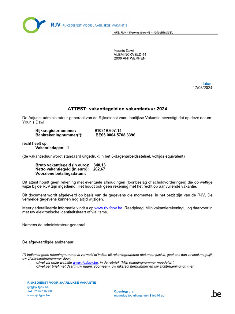 ATTEST: Vakantiegeld en Vakantieduur 2024 | PDF