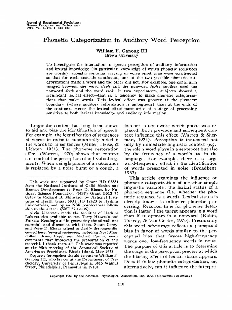 The Ganong Effect 1980 | PDF | Phonetics | Perception