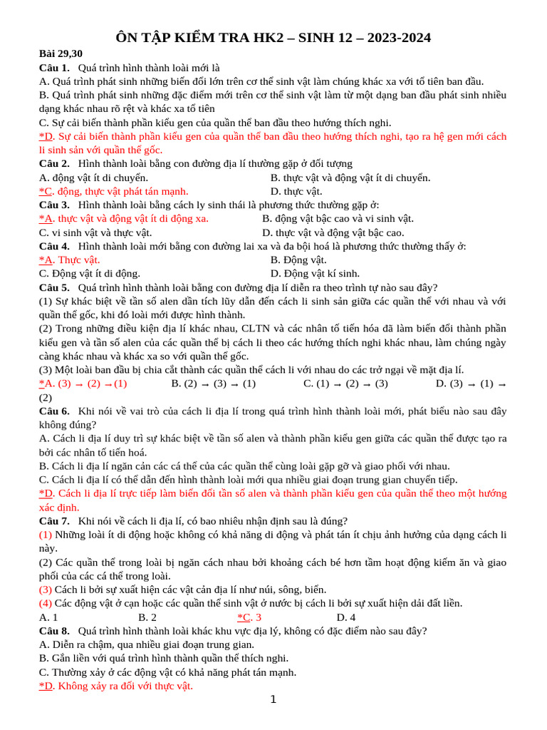 100 Cau TN On Tap HK2 Sinh 12 23.24 | PDF