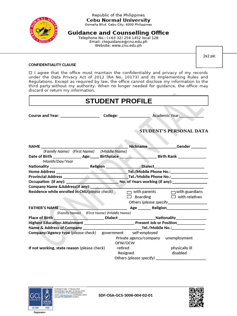 CNU Student Information Form | PDF | Career & Growth