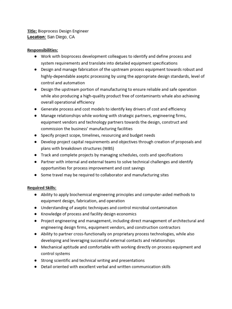 Bioprocess Engineer Opportunity | PDF | Engineering | Project Management