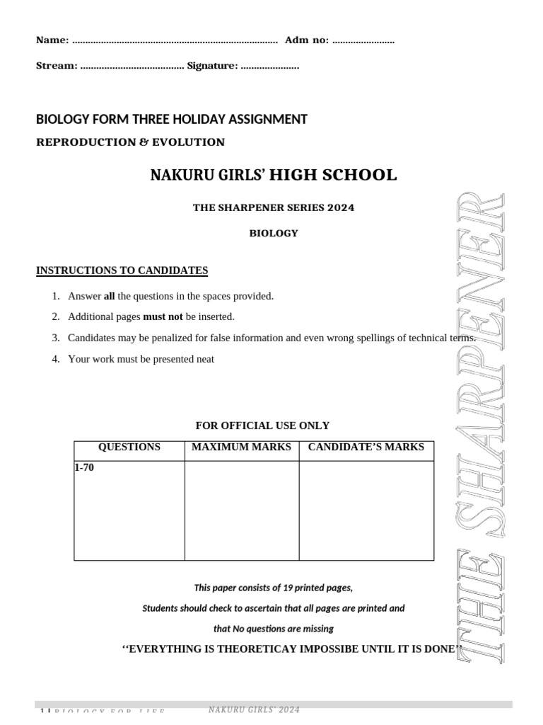 Form 3 Holiday Assignment 2024 | PDF | Mitosis | Fruit