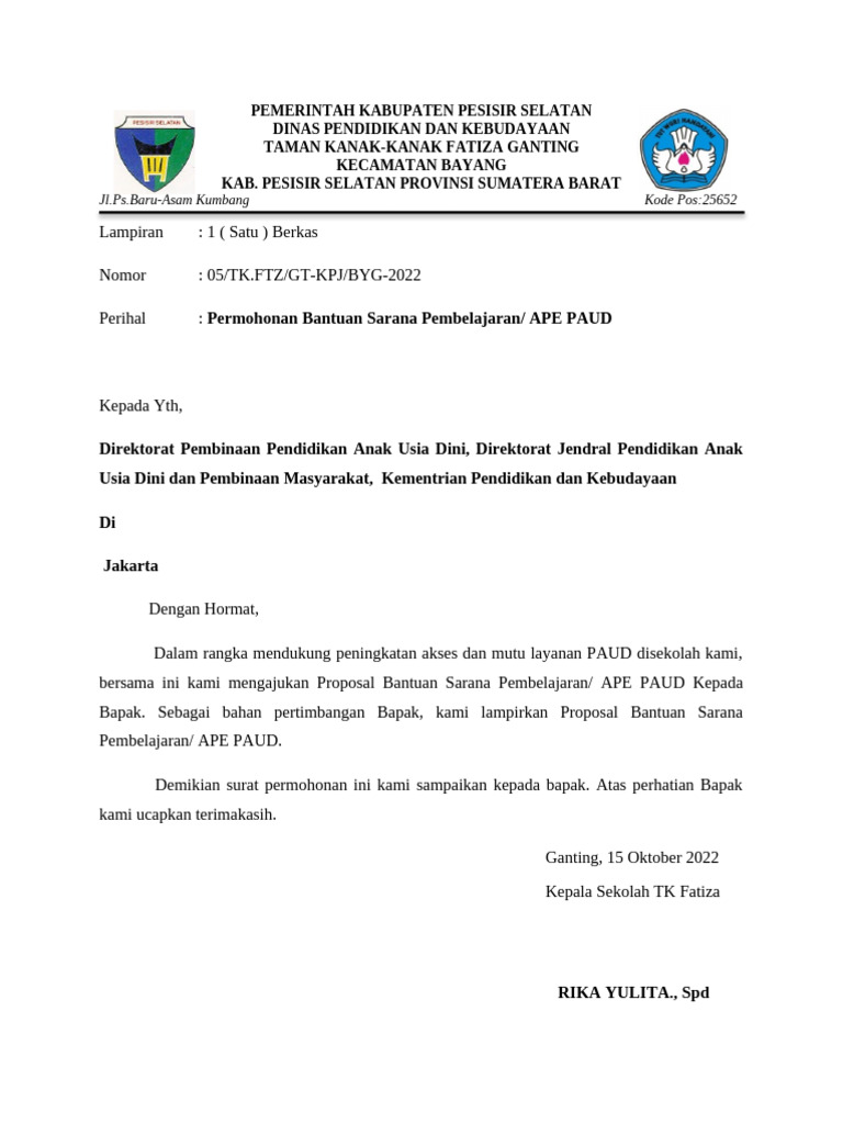 Proposal Permohonan Bantuan Sarana Pembelajaran (APE PAUD) | PDF