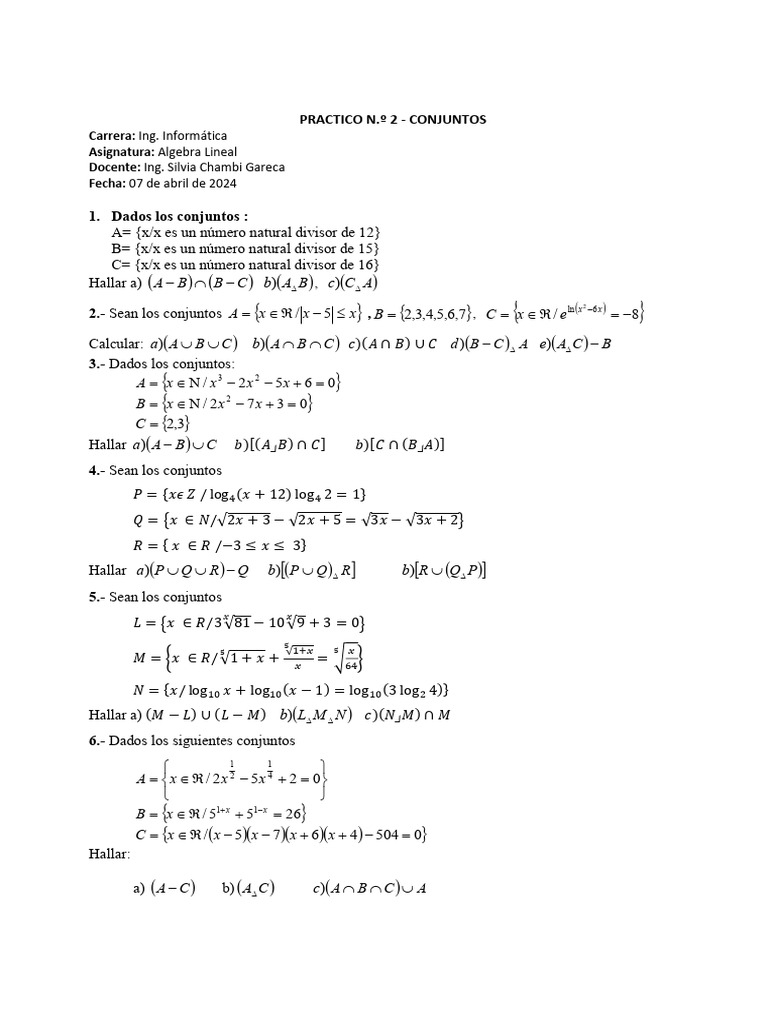 Ejercicios de Conjuntos en Álgebra Lineal | PDF | Conjunto (Matemáticas ...