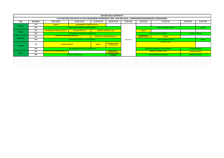 ODD SEM ROUTINE CE 2024-2025 (TEMPORARY) .XLSX - XLSX - M.TECH (ENVIORMENTAL) | PDF | Thesis ...