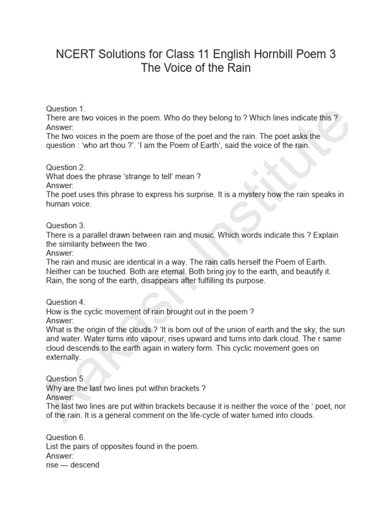 NCERT Solutions For Class 11 English Hornbill Poem 3 The Voice of The ...