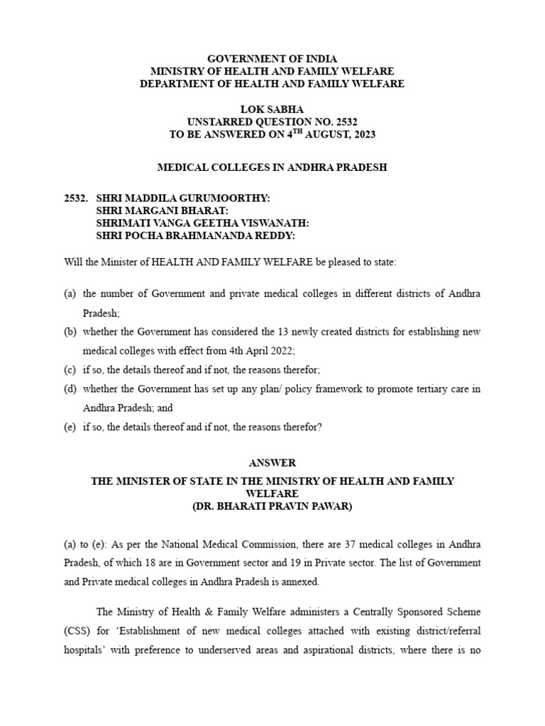 Medical Colleges in Andhra Pradesh 2023 | PDF | Government Of India