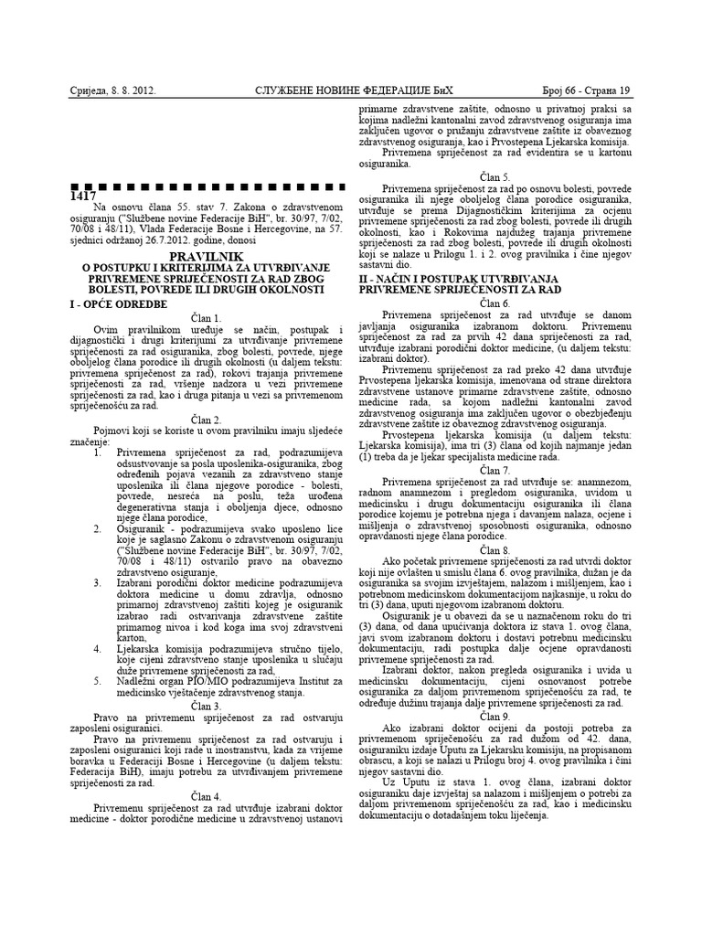 Pravilnik o Postupku I Kriterijima Za Utvrđivanje Privremene Spriječenosti Za Rad Zbog Bolesti ...