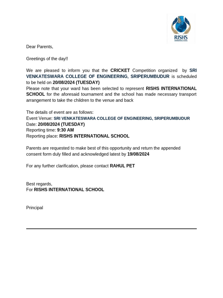 Cricket Competition Consent Letter | PDF