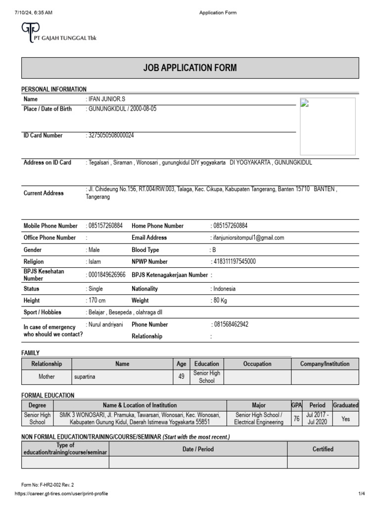 PT Gajah Tunggal Form | PDF | Business