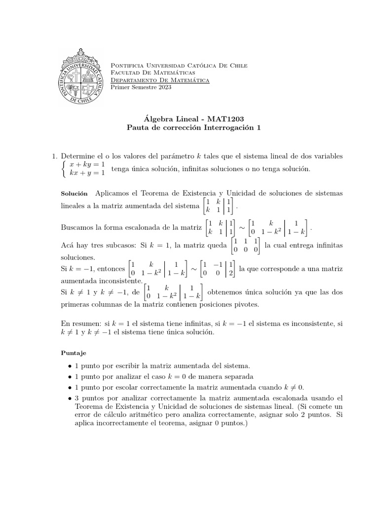 K X Ky KX Y: Algebra Lineal - MAT1203 Pauta de Correcci On Interrogaci On1 | PDF | Matriz ...