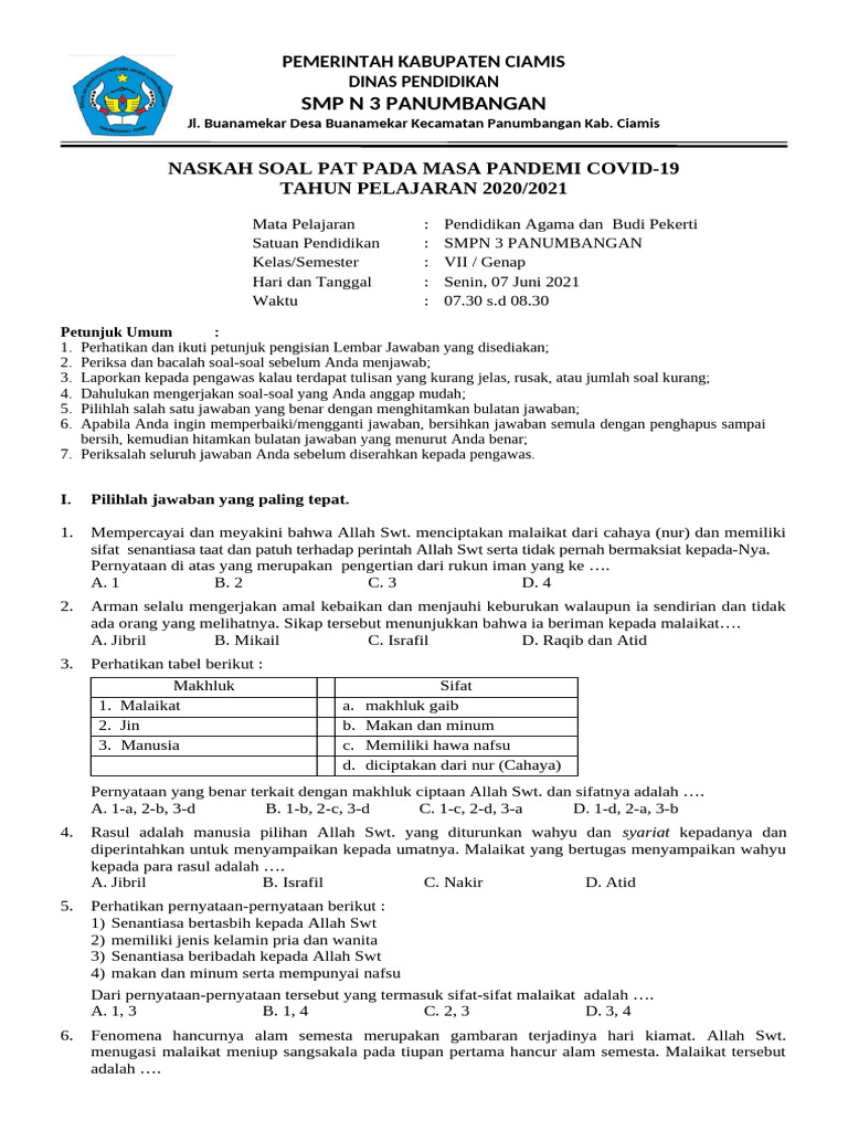 Naskah Soal PAT PAI Kelas 7 | PDF