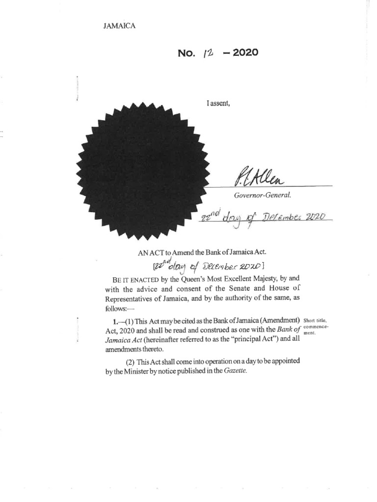 Bank of Jamaica Amendment Act Act 12 of 2020 | PDF