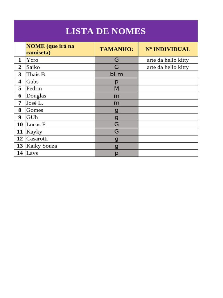 Lista de Tamanhos de Camisetas | PDF