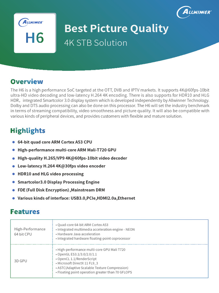 Allwinner H6-Brief_V1.0 | PDF | Data Compression | Graphics Processing Unit