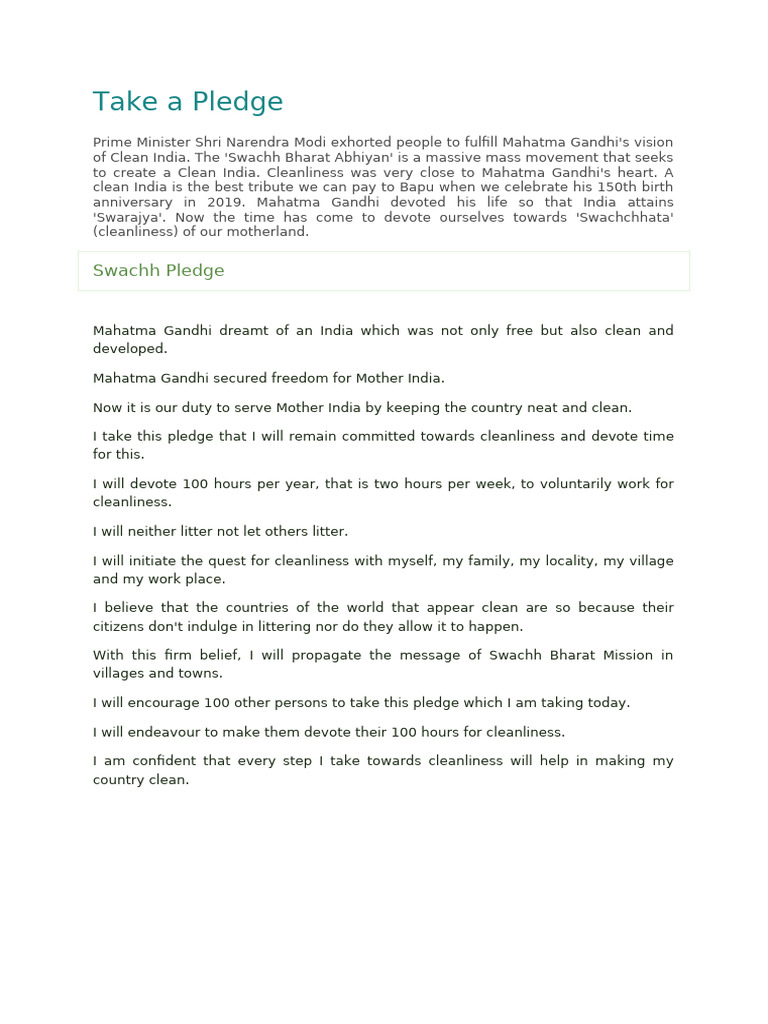 Swachh Bharat Abhiyan Pledge Initiative | PDF
