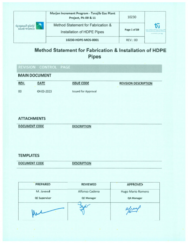10230-HDPE-MOS-0001 - Method Statement For Fabrication & Installation of HDPE Pipes | PDF | Pipe ...