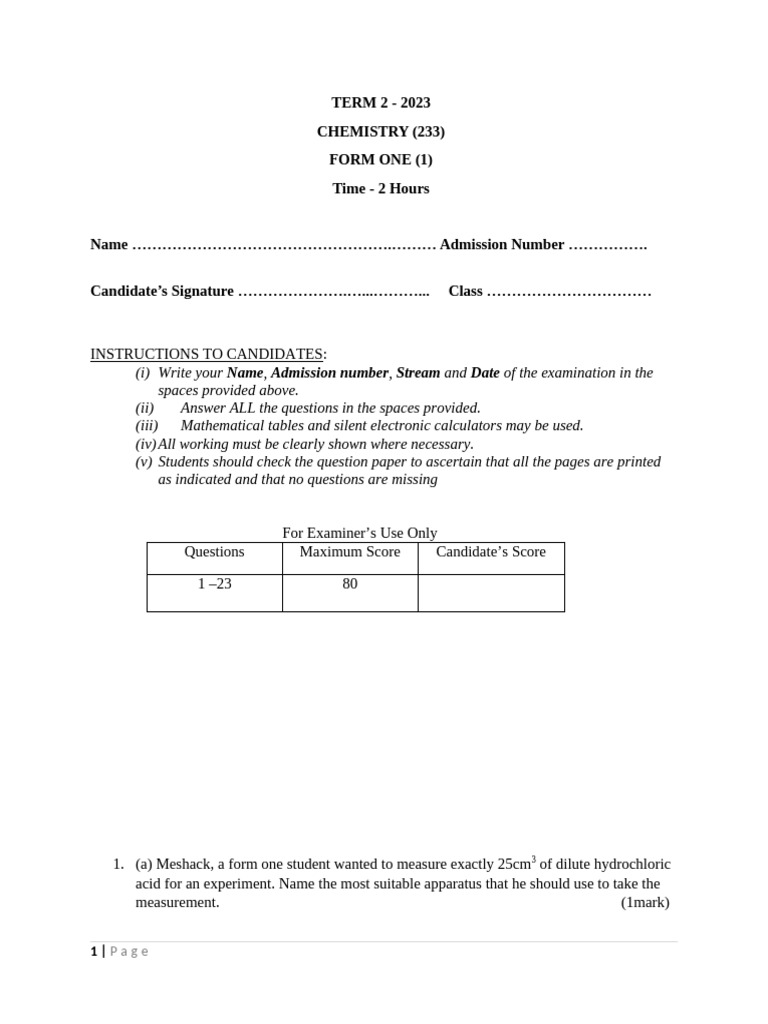 2023 CHEMISTRY F1 QS T2 Exam Teacher - Co - .Ke | PDF | Solubility | Distillation