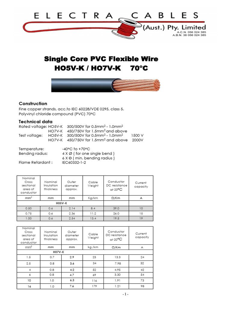 Electra Cable H05V-K HO7V-K - PVC - Cable 0327 2023 | PDF | Insulator (Electricity) | Electrical ...