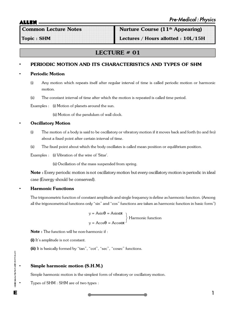 Lecture # 01: Common Lecture Notes Nurture Course (11 Appearing) | PDF ...