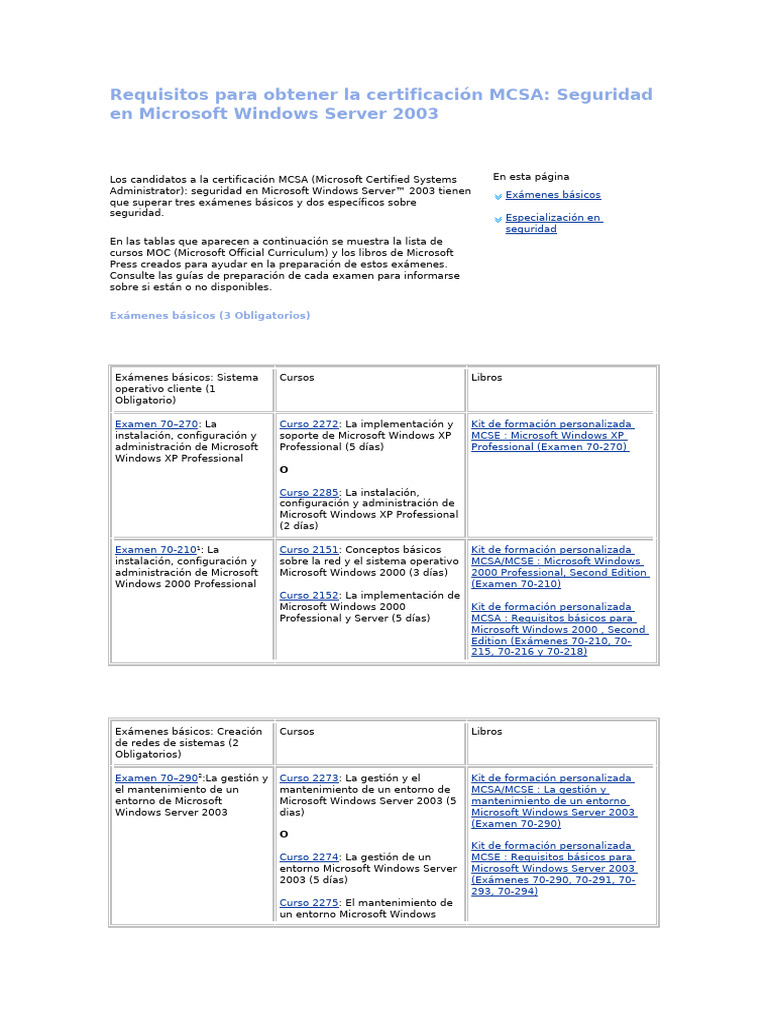 Requisitos Mcsa 2003 Seguridad | PDF | Microsoft | Windows Server 2003
