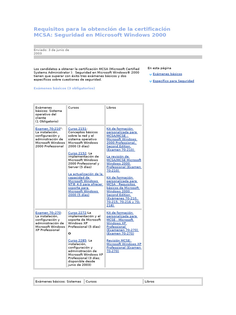 Requisitos Mcsa 2000 Seguridad | PDF | Windows 2000 | Microsoft Windows