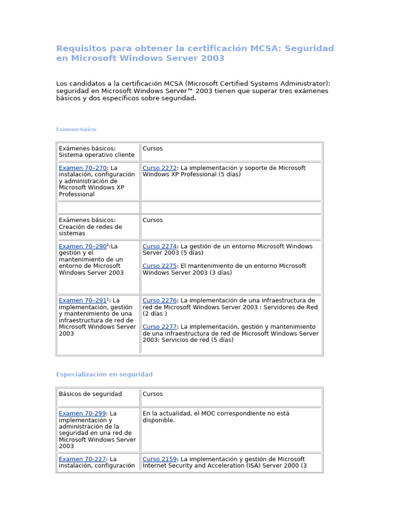Requisitos Mcsa 2003 Seguridad Resumido | PDF | Negocios | Informática
