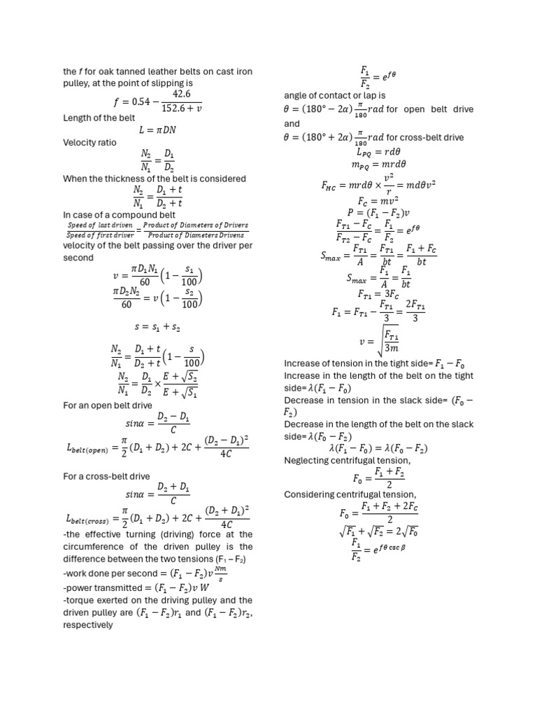 Me151p-3 Formulas | PDF | Belt (Mechanical) | Mechanical Engineering
