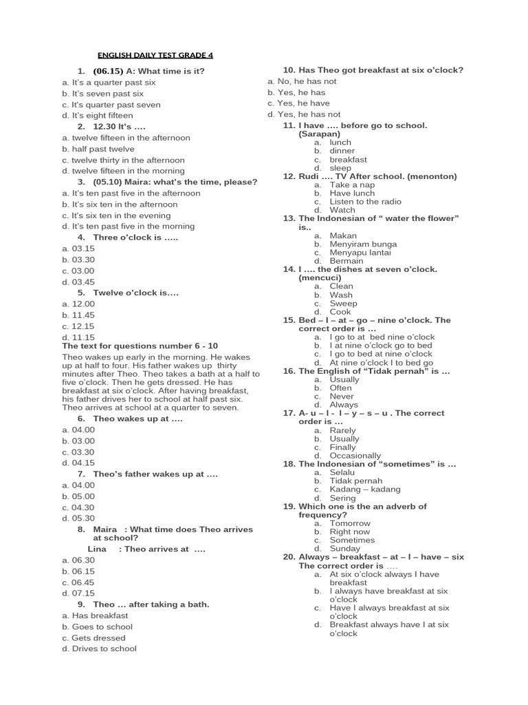 English Daily Test Grade 4 | PDF | Cuisine