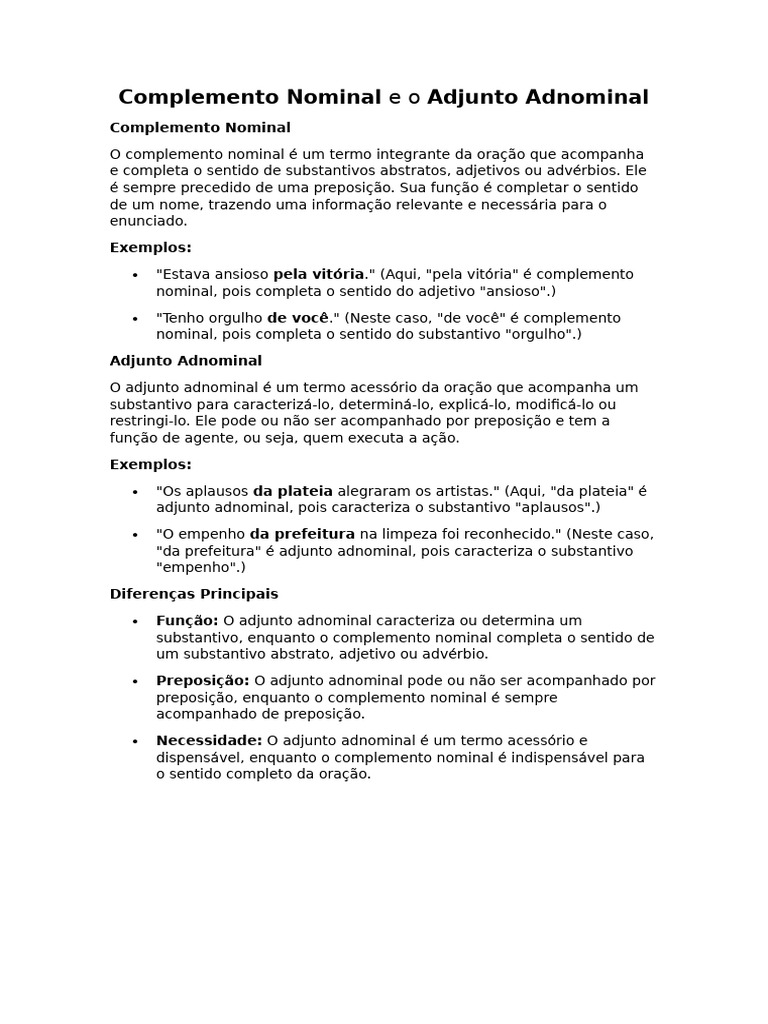 Diferenças entre Complemento e Adjunto Adnominal | PDF