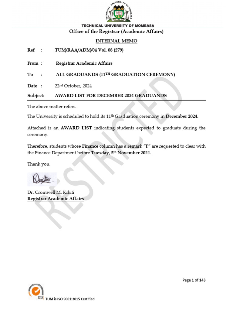 1 - Tum Graduation Award List For The 11TH Graduation Ceremony ...