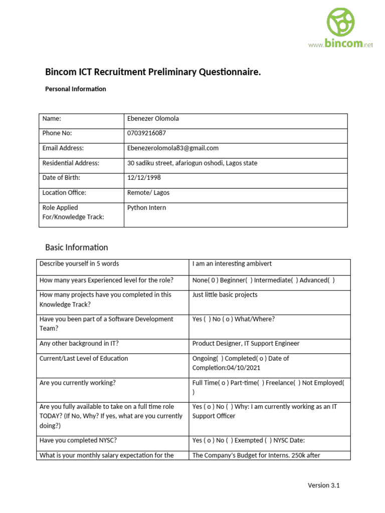 Bincom Python Intern Application Form | PDF | Computers
