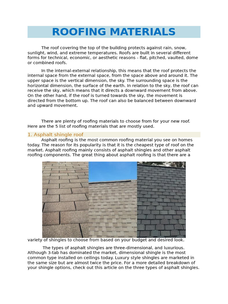 ROOFING MATERIALS (Building Technology 1) | PDF | Roof | Building Engineering