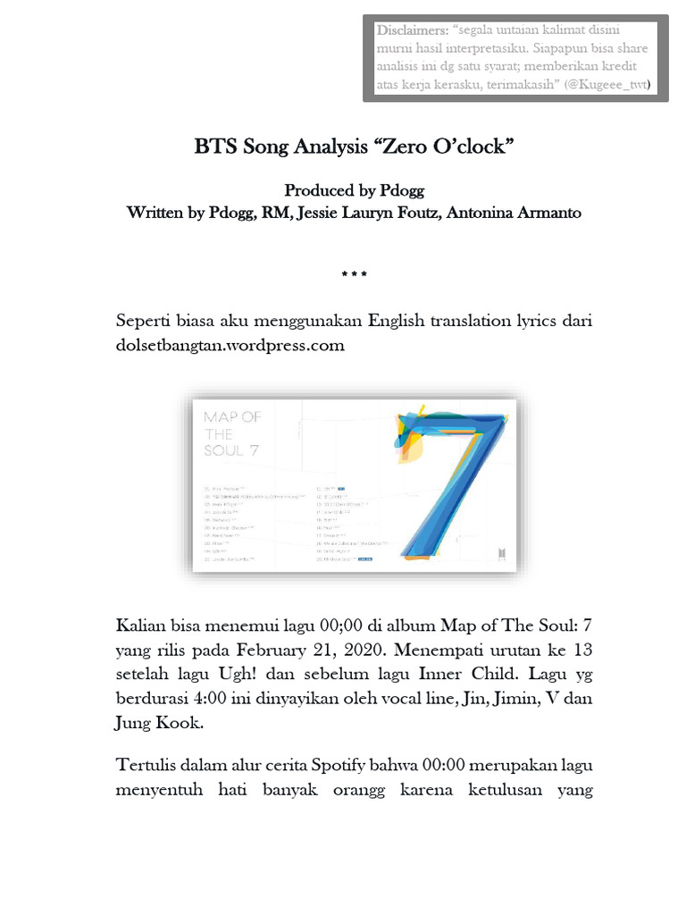 Makna Lagu "Zero O'clock" BTS | PDF