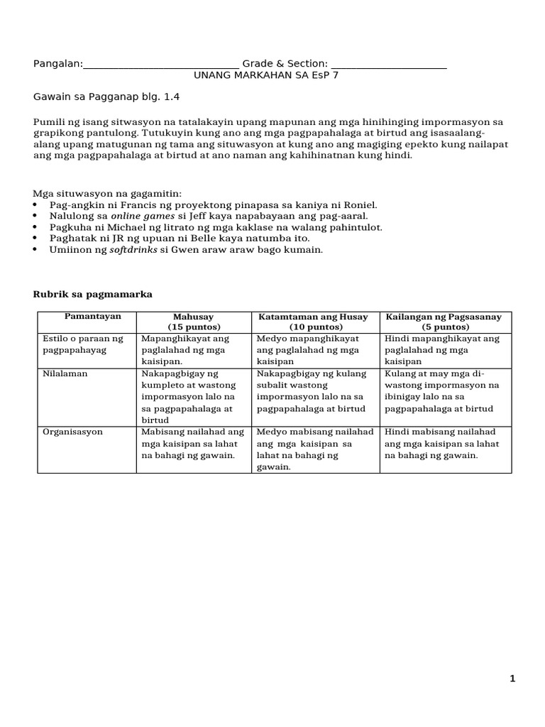 Pangalan: - Grade & Section: - Unang Markahan Sa Esp 7 Gawain Sa Pagganap Blg. 1.4 | PDF