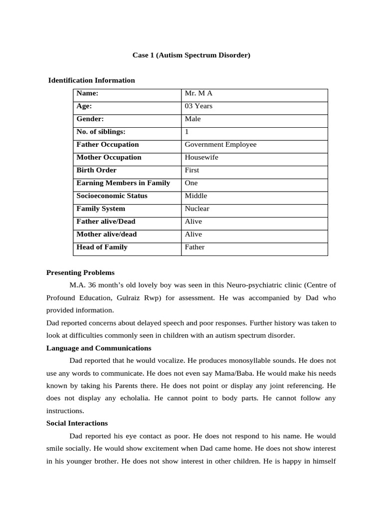 Case 1 (Autism Spectrum Disorder) | PDF | Autism Spectrum ...