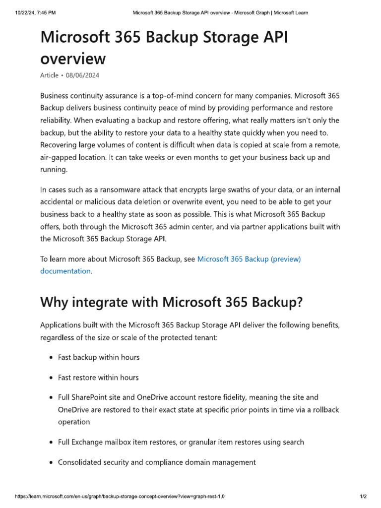 Microsoft 365 Backup Storage API Overview | PDF