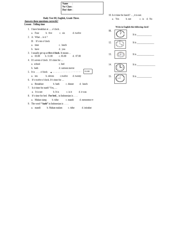 Grade 3 Telling Time Quiz | PDF | Meal