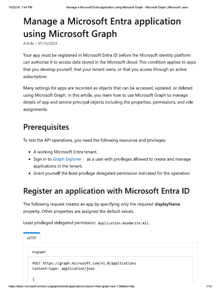 Manage A Microsoft Entra Application Using Microsoft Graph | PDF