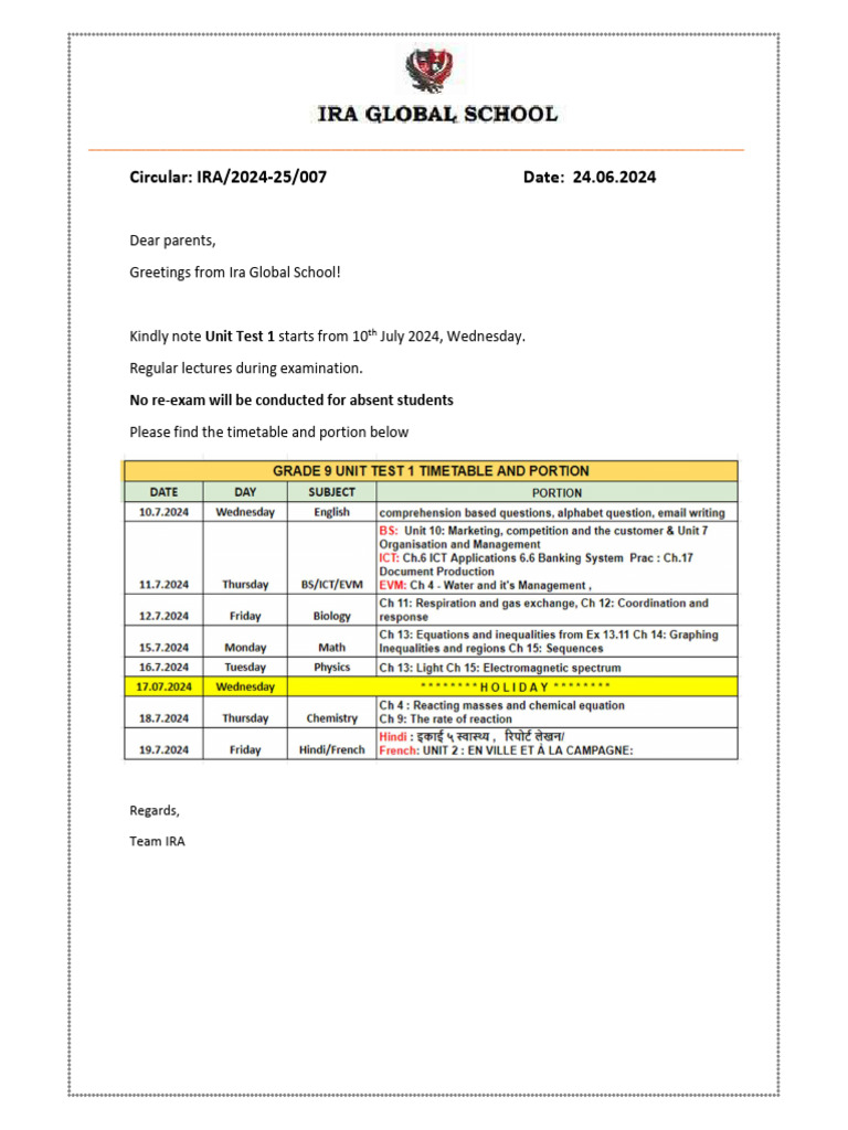 GR 9 UT 1 Portion and Timetable | PDF