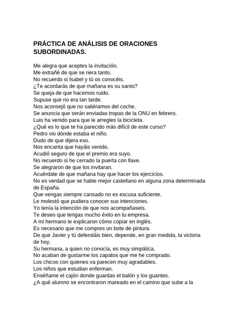 PRACTICA DE ORACIONES SUBORDINADAS de Oraciones Subordinadas | PDF